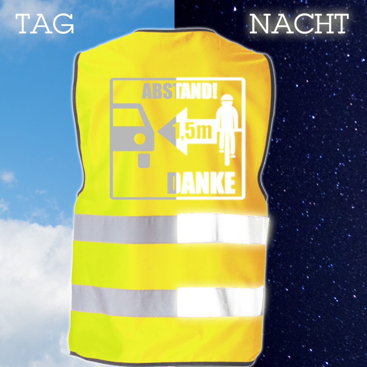 Abstand halten 1,5 meter Warnschutzweste standard 7 größen, 9,99